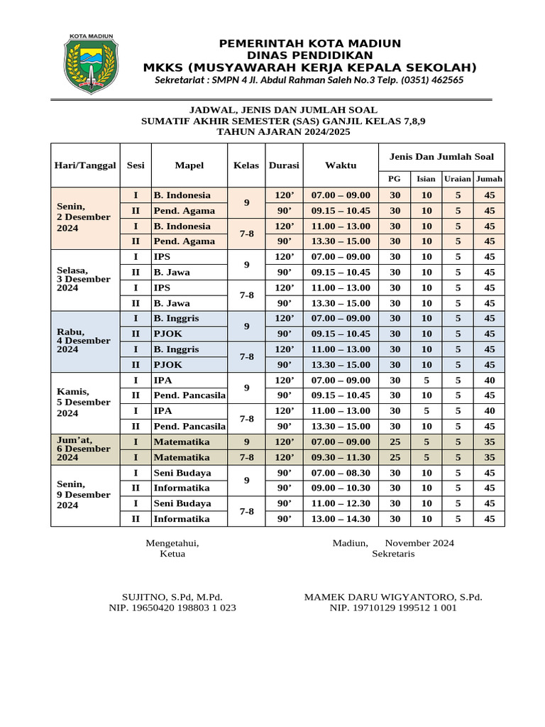 Jadwal SAS GANJIL TA. 2024-2025 | PDF