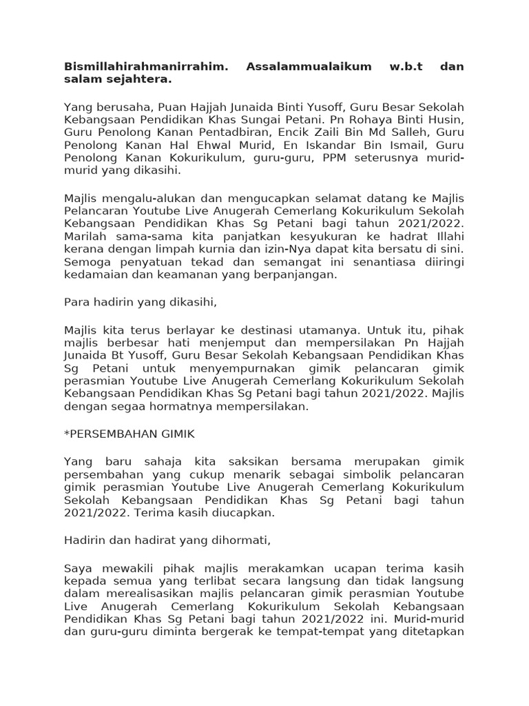 MC Pelancaran Gimik Perasmian YT Live | PDF