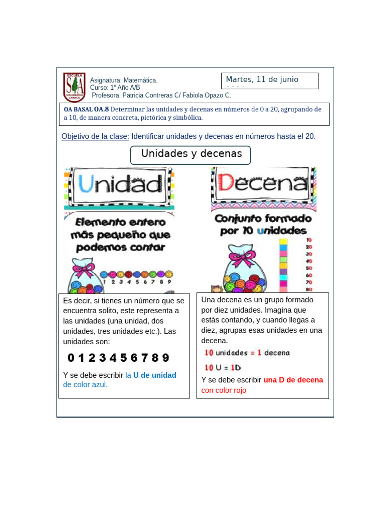 Unidades y Decenas en Números hasta 20 | PDF | Artes del Lenguaje y ...