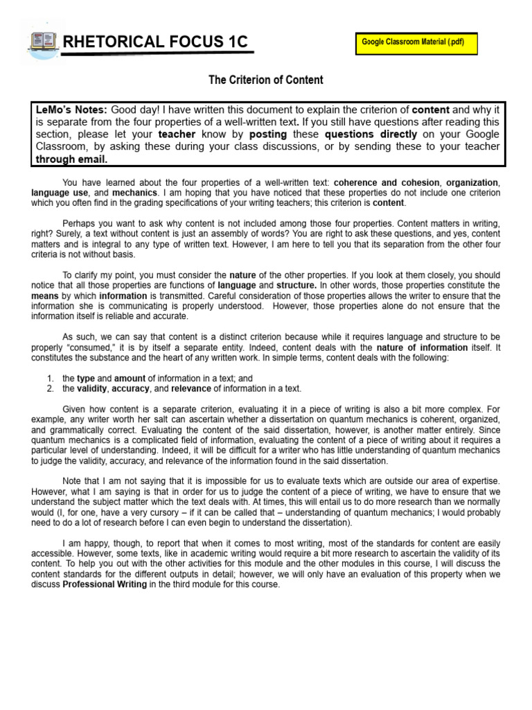 Rhetorical Focus 1C - The Criterion of Content | PDF | Information | Writing