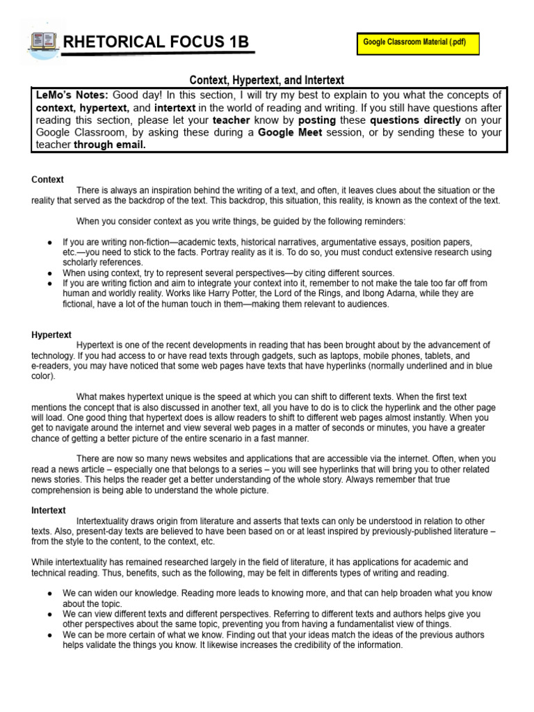 Rhetorical Focus 1B - Context, Intertext, and Hypertext | PDF | Intertextuality | Human ...
