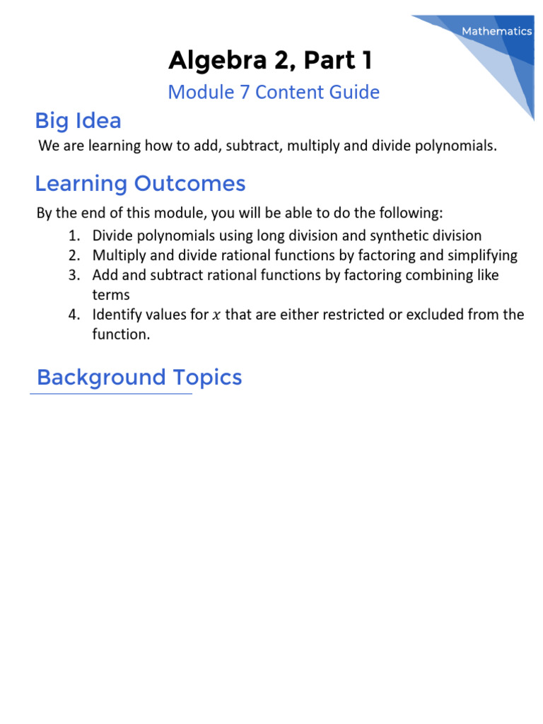 ALG 055 M7 Content Guide | PDF | Factorization | Division (Mathematics)