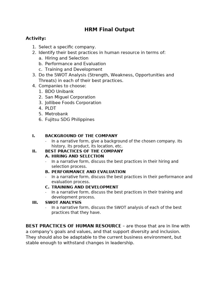 HRM Final Output Guidelines | PDF | Human Resource Management | Swot Analysis