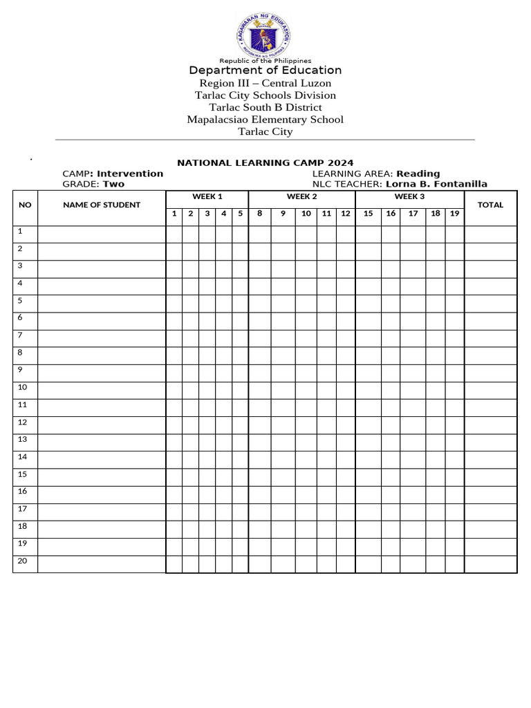 NLC Attendance Sheet | PDF | Cognition | Behavior Modification