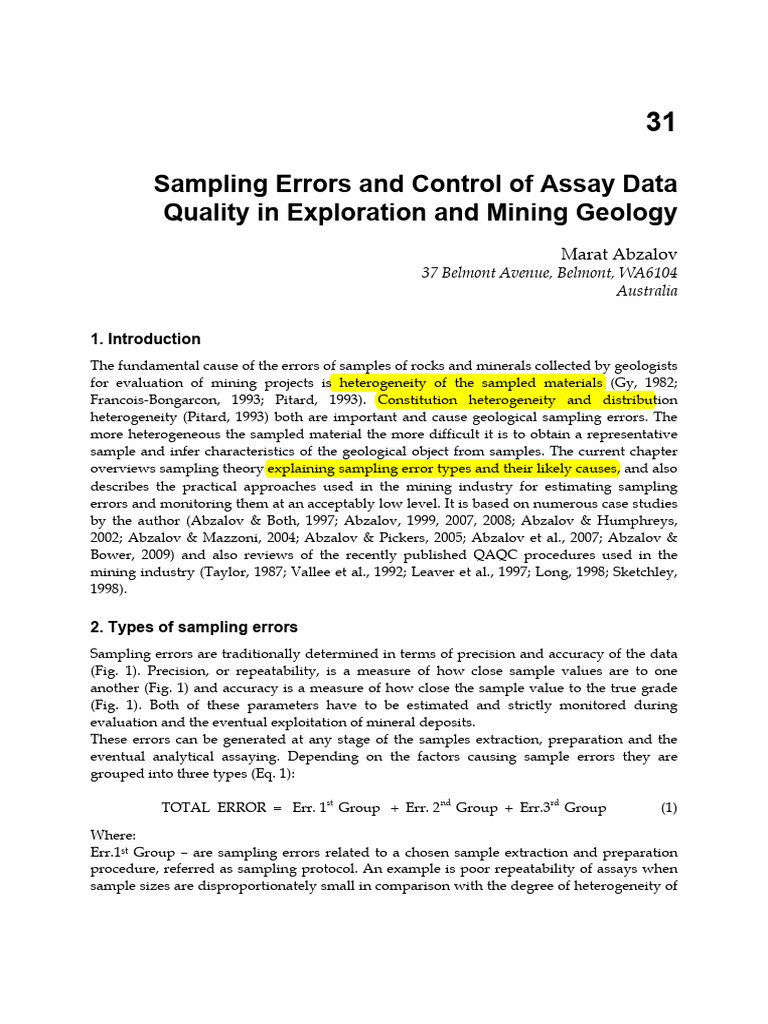 Sampling Errors and Control of Assay Data Quality in Exploration and Mining Geology | PDF ...