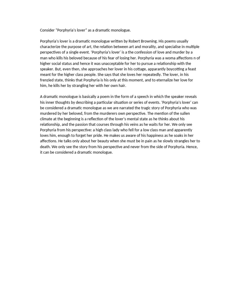 Porphyria's Lover As A Dramatic Monologue | PDF | Poetry