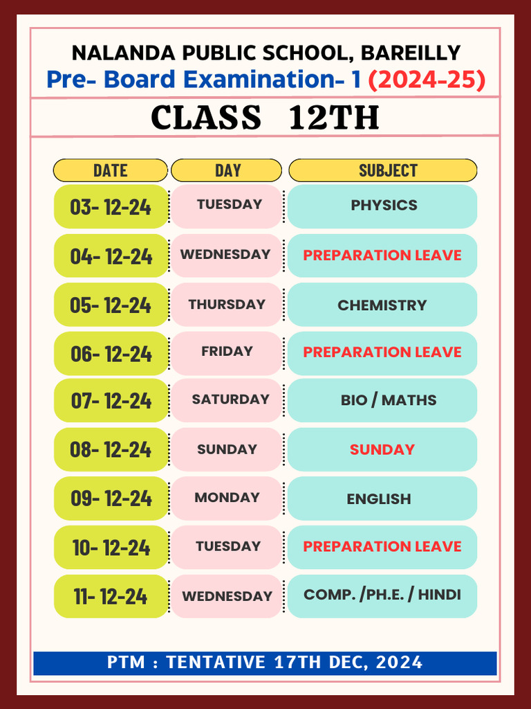 Class 12 Pre-Board Exam Schedule | PDF