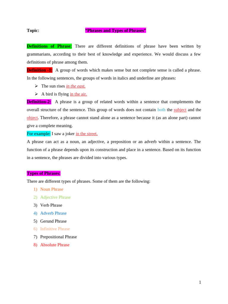 Phrase and Types of Phrase | PDF | Verb | Noun