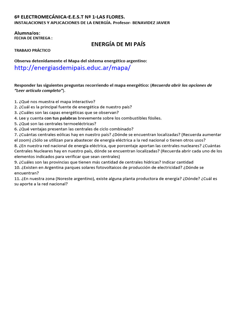 UD1 Inst y Aplic de La Energía-6º I Benavidez-Activ 1.0.1 Energía de Mi Pais-2024 | PDF