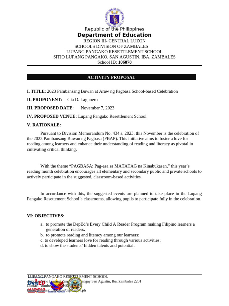 Reading Month Proposal | PDF | Cognition | Human Communication