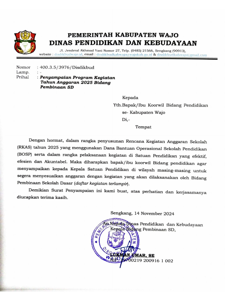 Surat Penyampaian Program Kegiatan THN 2025 Bid. SD | PDF