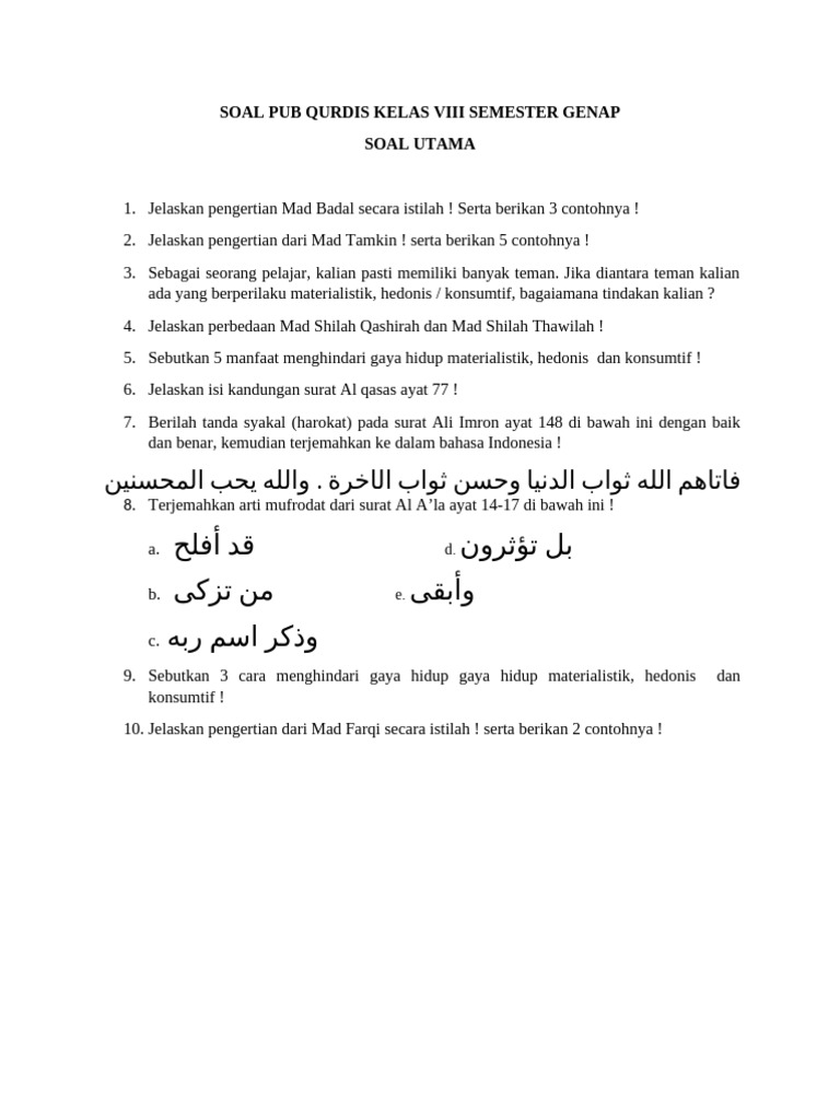 Soal Pub Qurdis Kelas Viii Semester Genap | PDF