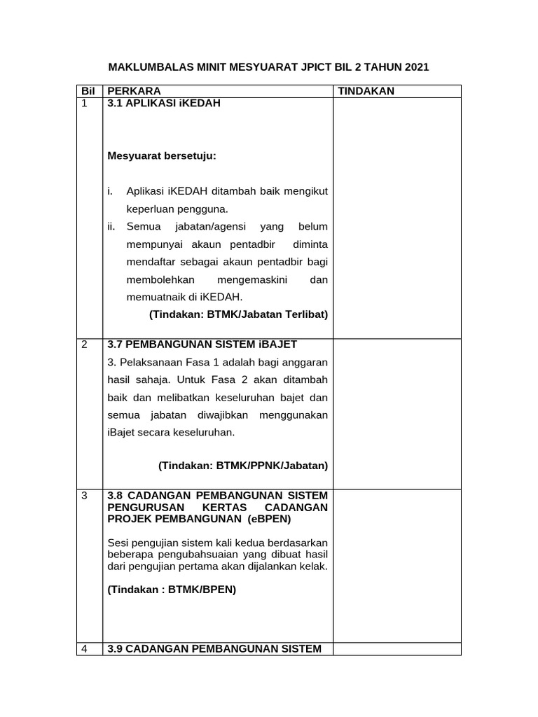 Maklumbalas Minit Mesyuarat Jpict Bil 2 Tahun 2021-1 | PDF