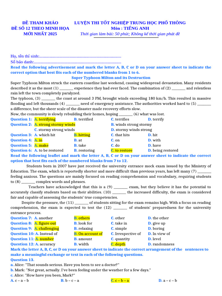 40 đề minh họa theo đề Bộ TN THPT Môn Anh 2025 mới nhất có giải chi tiết | PDF | Artificial ...