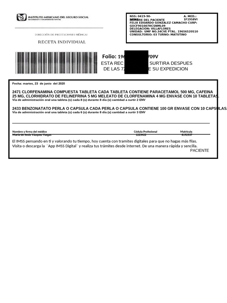 Receta Imss en Blanco | PDF