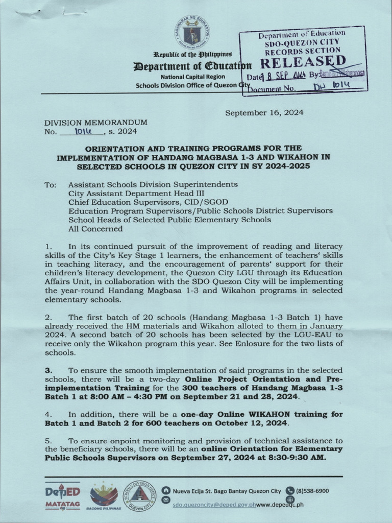 DM No. 1016 S. 2024 - Orientation and Training Programs For The Implementation of Handang ...