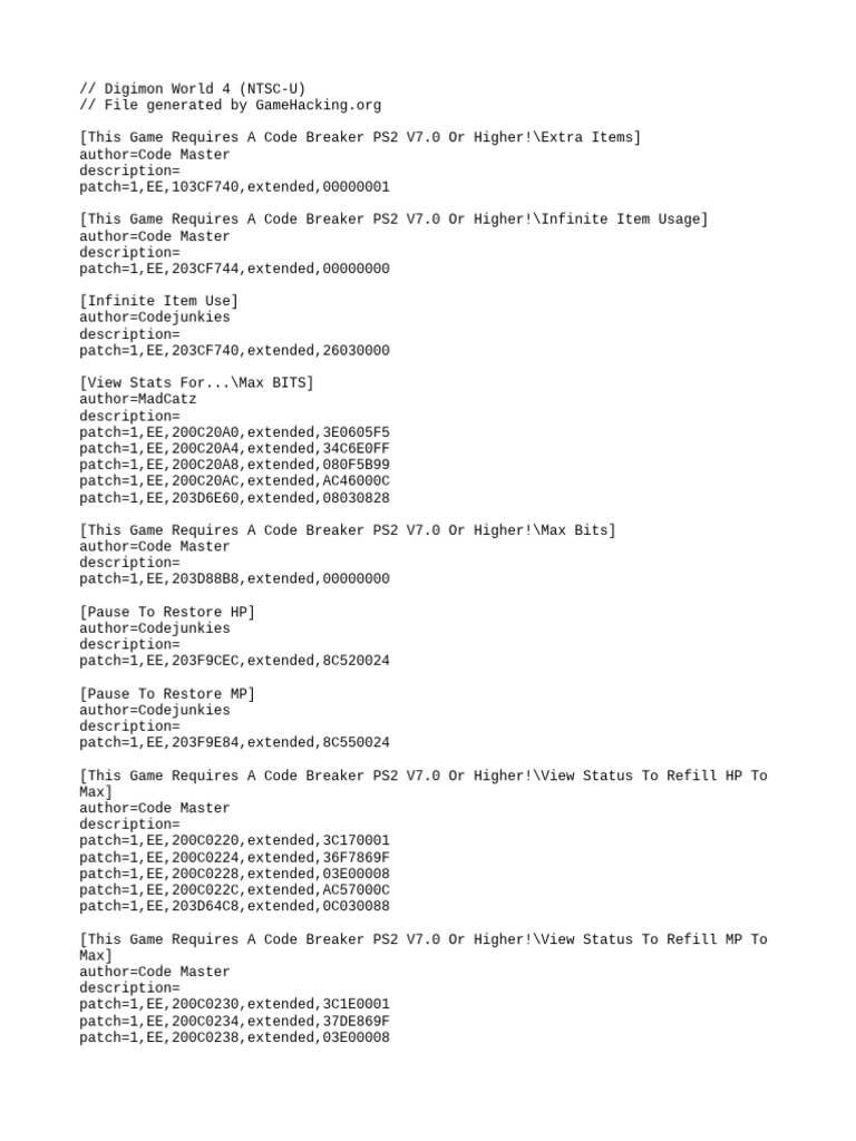 Digimon World 4 PS2 Cheat Codes | PDF | Games & Activities