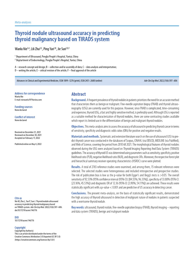 Thyroid Nodule Ultrasound Accuracy in Predicting Thyroid Malignancy ...