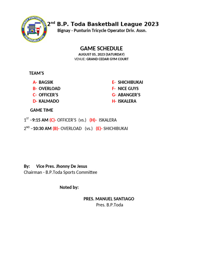 Game Schedule BP Toda9 | PDF | Sports & Recreation