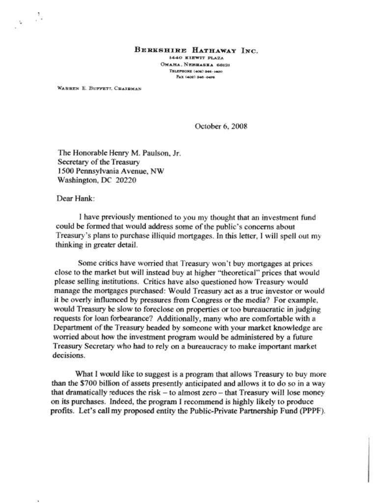 2008.10.buffet Letter To Hank Paulson | PDF
