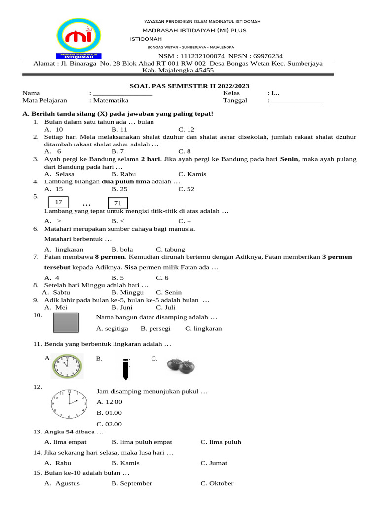 Pas MTK Kelas 1 SMT 2 - 2022-2023 | PDF