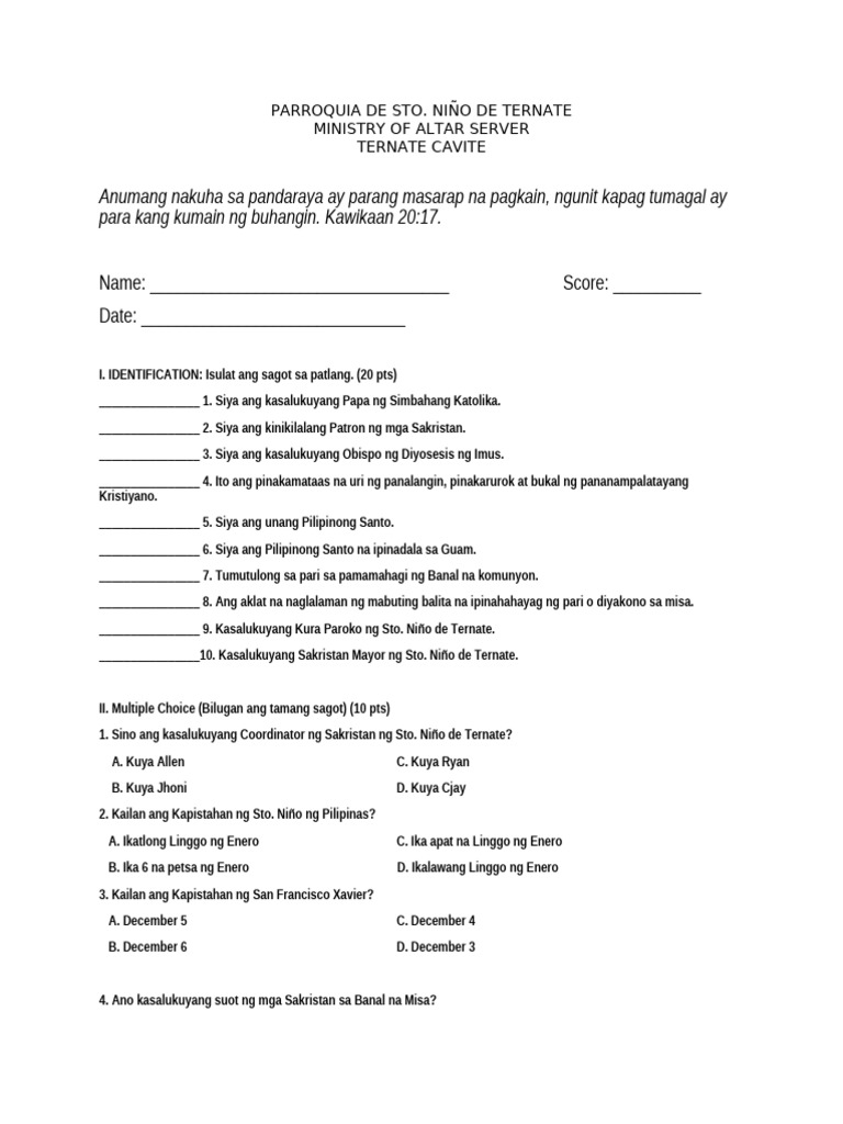 Pagsusulit NG Mga Sakristan Junior | PDF