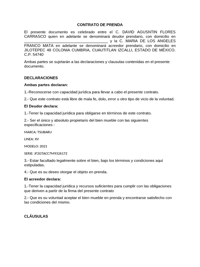 Contrato de Prenda | PDF | Pagos | Derecho privado