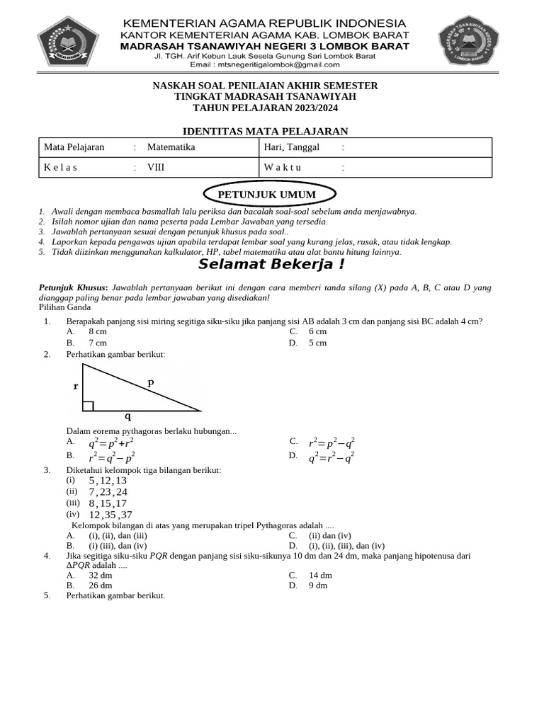 SOAL PAS MTK KELAS 8 Semester 2 | PDF