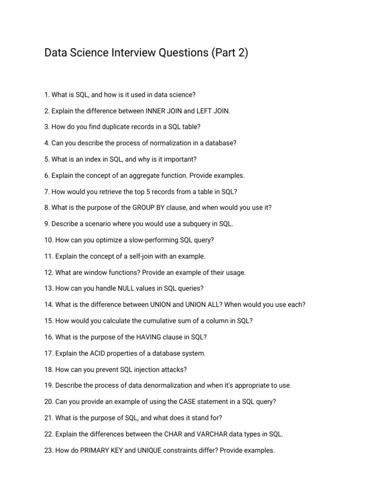 SQL Data Science Interview Questions | PDF | Sql | Database Index