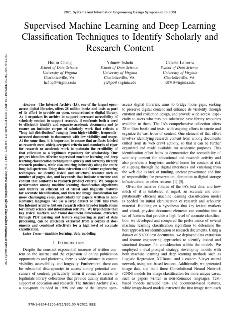 Supervised Machine Learning and Deep Learning Classification Techniques To Identify Scholarly ...