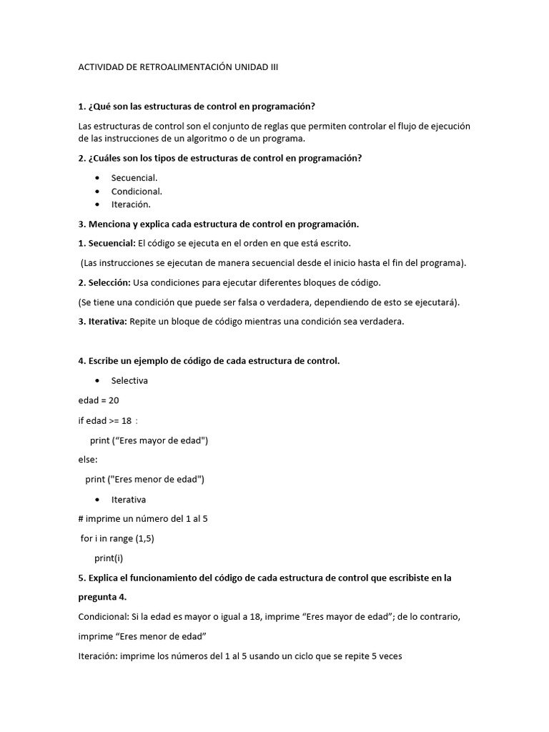 Actividad de Retroalimentación Unidad Iii | PDF | Flujo de control | Programación de computadoras