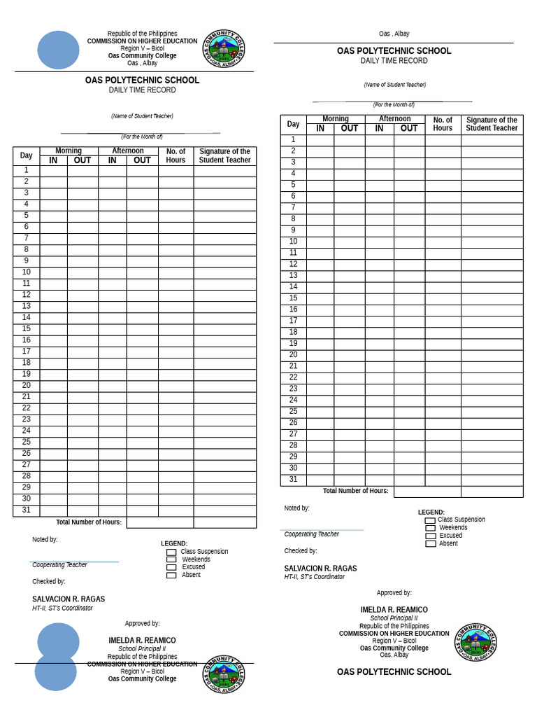 DTR Daily Time Record OCC 40405 | PDF | Teaching | Educational Personnel