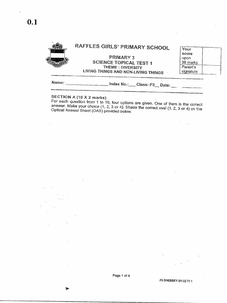 P3 Science 2023 WA1 Raffles | PDF