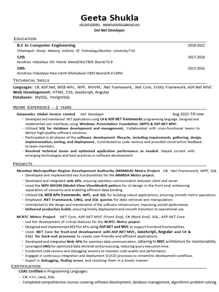 Geeta Shukla Resume | PDF | Windows Presentation Foundation | Language ...