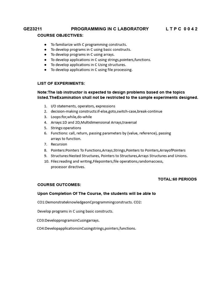 Ge23211 C Programming Lab Pdf Pointer Computer Programming C Programming Language