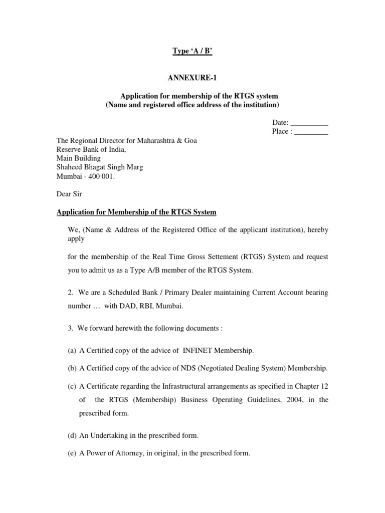 Type A / B' Annexure-1 Application For Membership of The RTGS System (Name and Registered Office ...