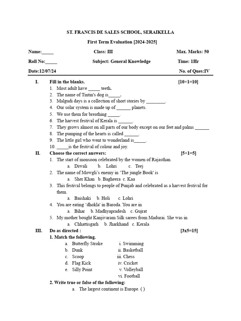 Class 3 GK TErm 1 | PDF
