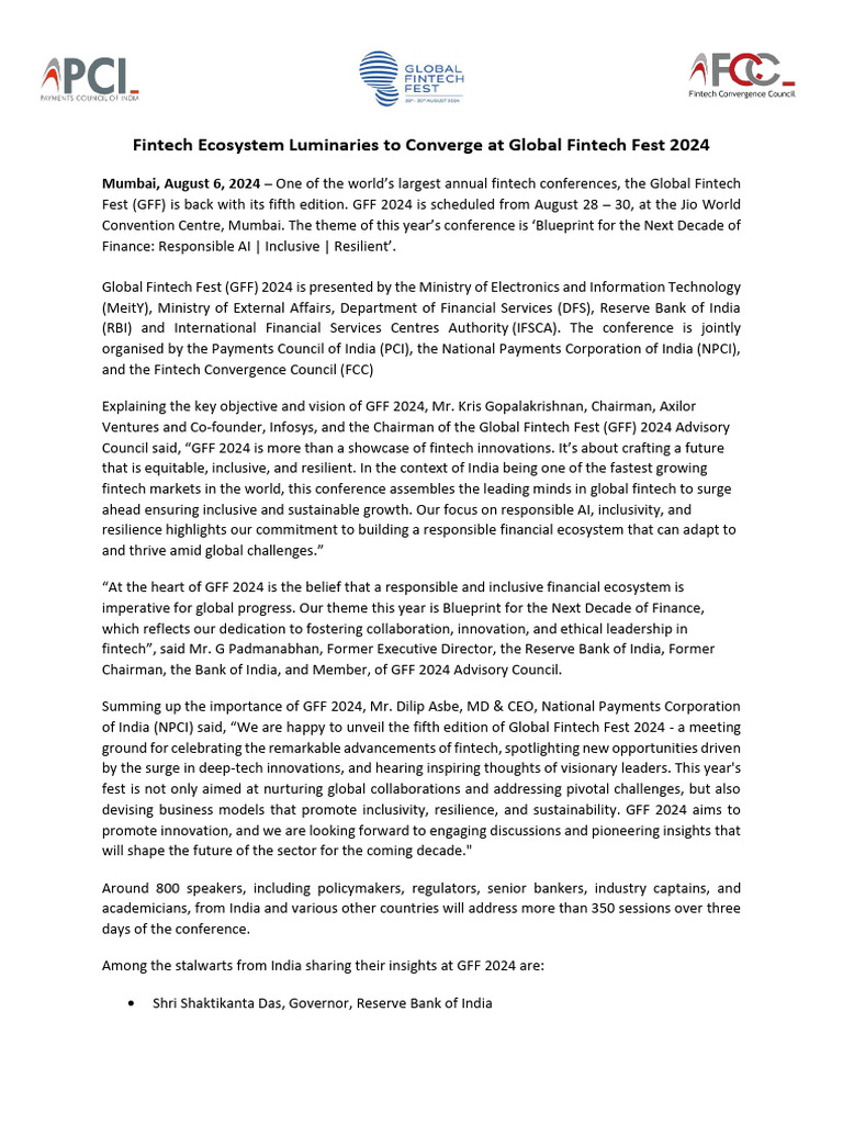 GFF 2024 Press Realese-Aug 6 | PDF | Reserve Bank Of India | Economies