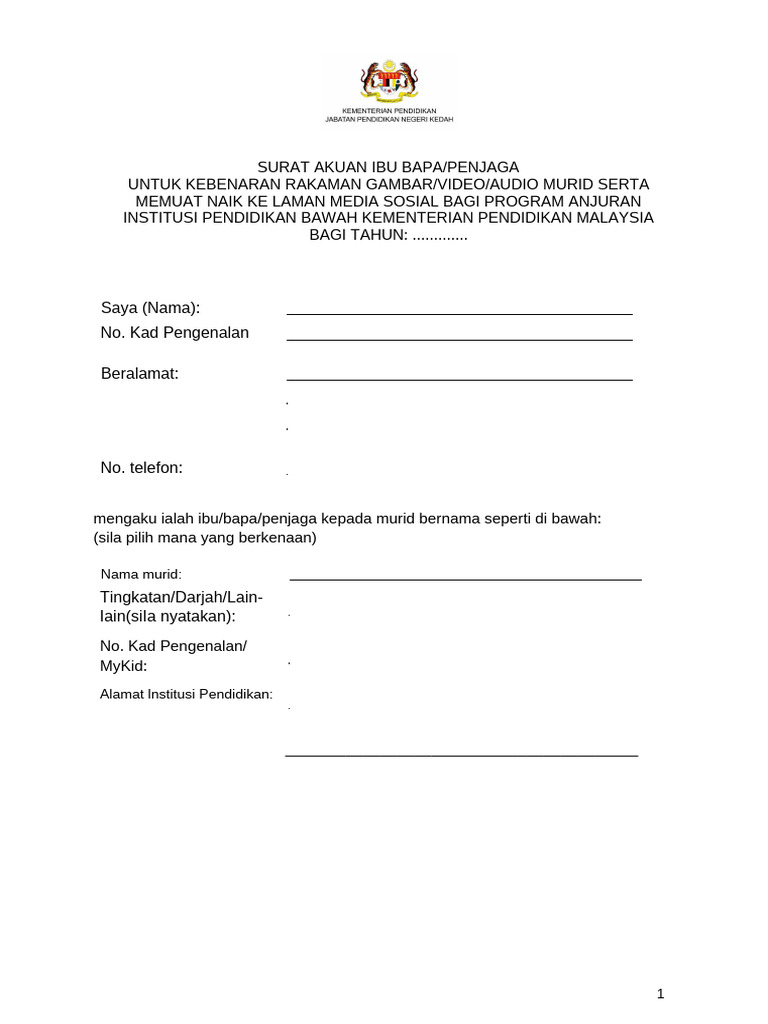 Surat Akuan Ibu Bapa Penjaga Untuk Kebenaran Rakaman Gambar Video | PDF