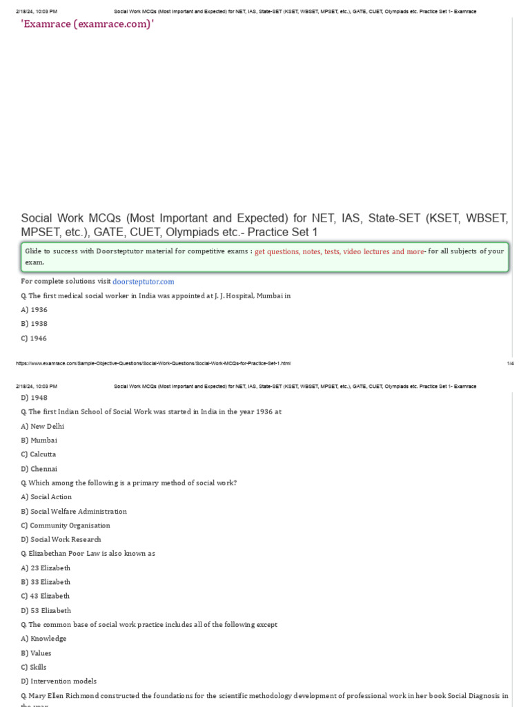 Social Work Mcqs (Most Important and Expected) For Net, Ias, State-Set (Kset, Wbset, Mpset, Etc ...