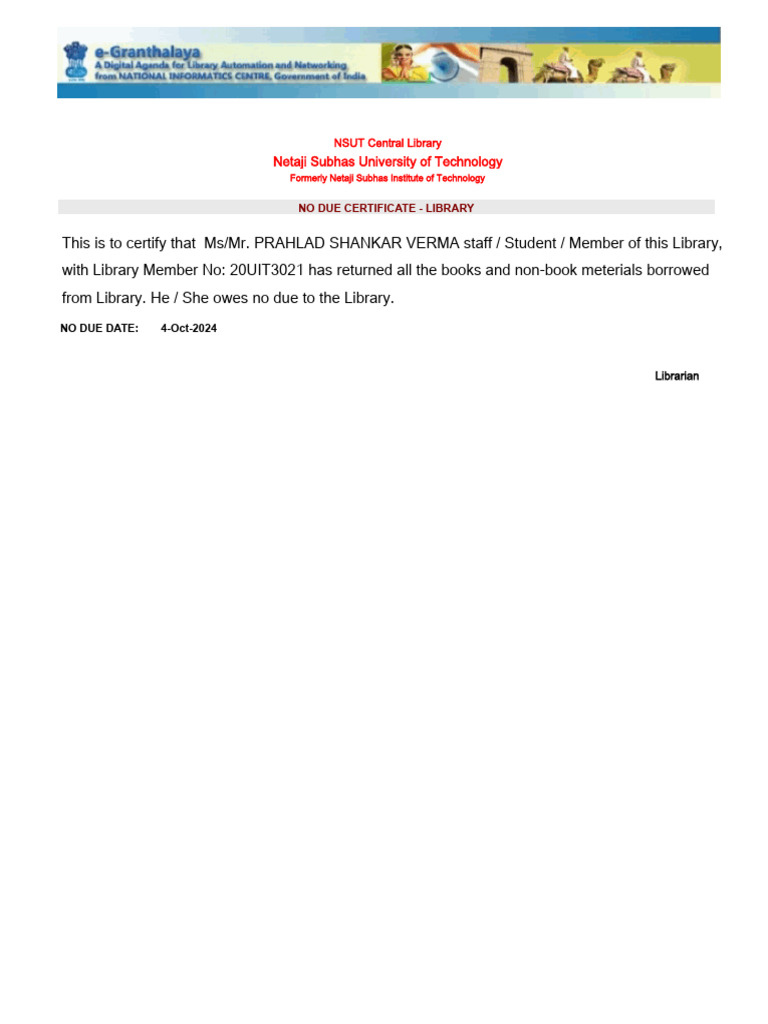 NSUT Library Clearance Notice | PDF