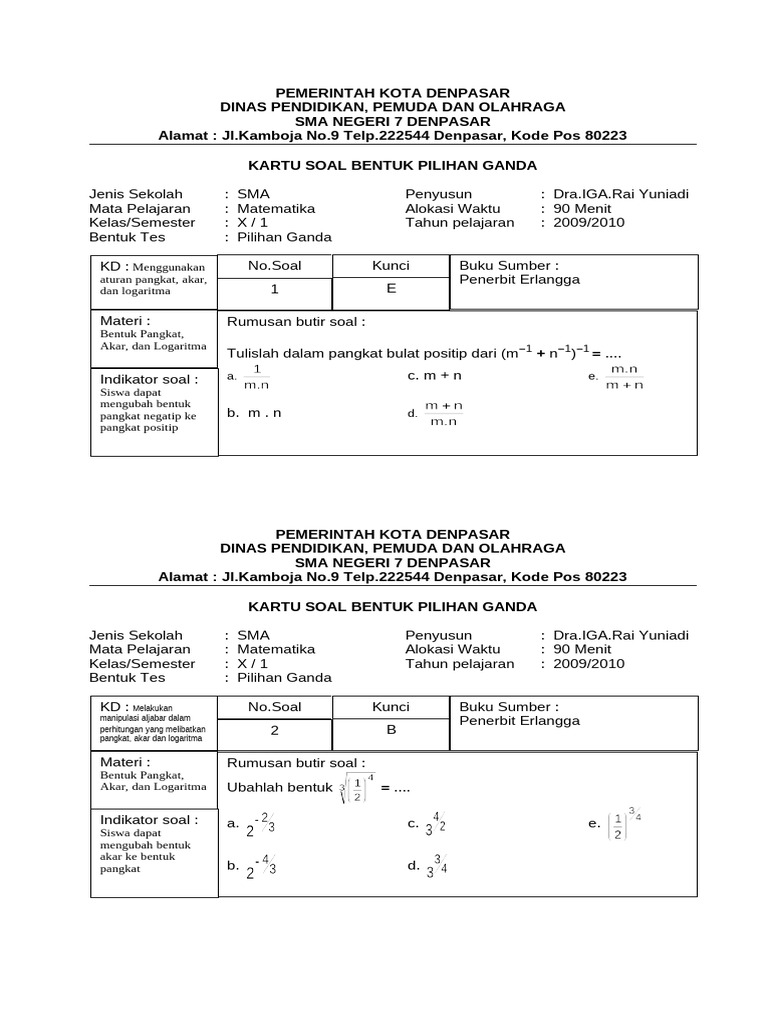 KARTU SOAL Kls X | PDF