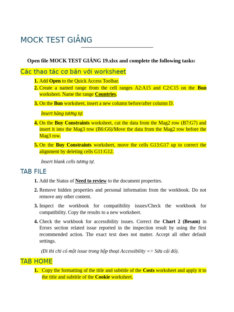 Excel Mock Test Instructions | PDF | Worksheet | Chart
