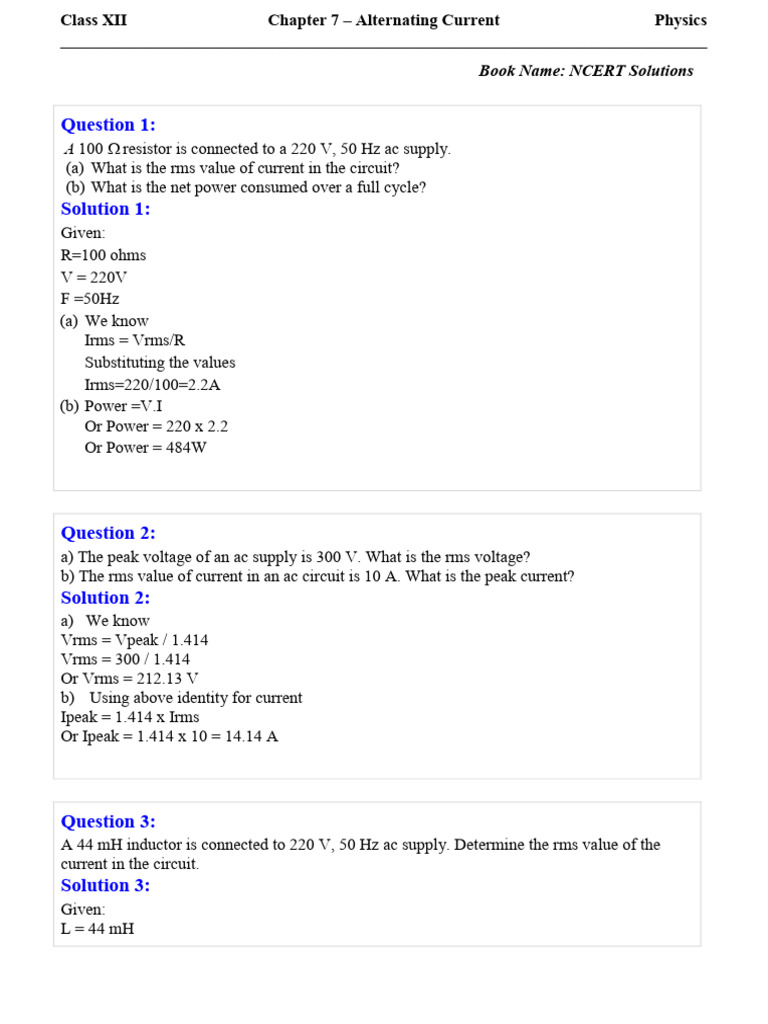 Class XII Physics: AC Solutions | PDF | Electrical Circuits | Electronics