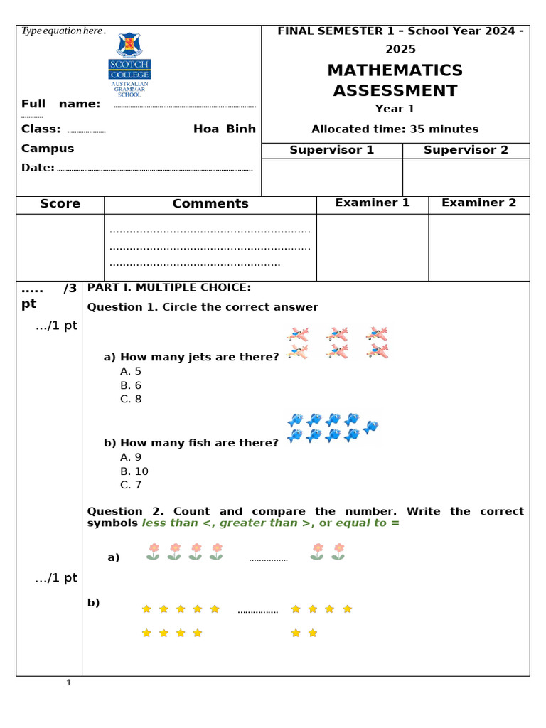 Ver 1 - Year 1 Final Semester 1 - 23-24 | PDF | Mathematics