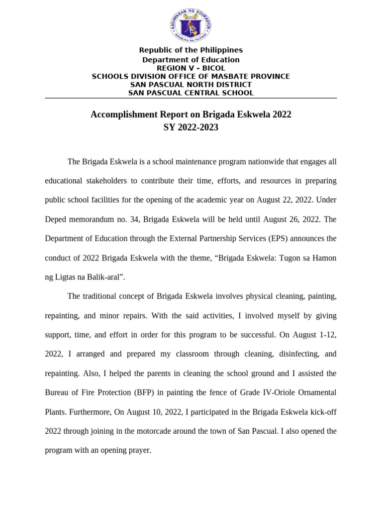 Brigada Eskwela 2022 Accomplishment Report | PDF