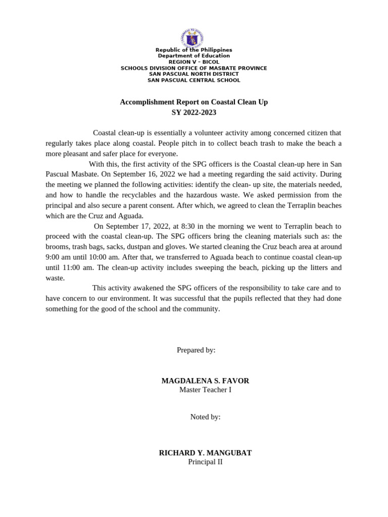 Accomplishment Report On COASTAL CLEAN UP | PDF