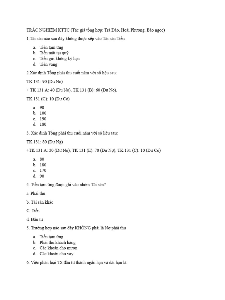 Trắc Nghiệm KTTC 1 | PDF