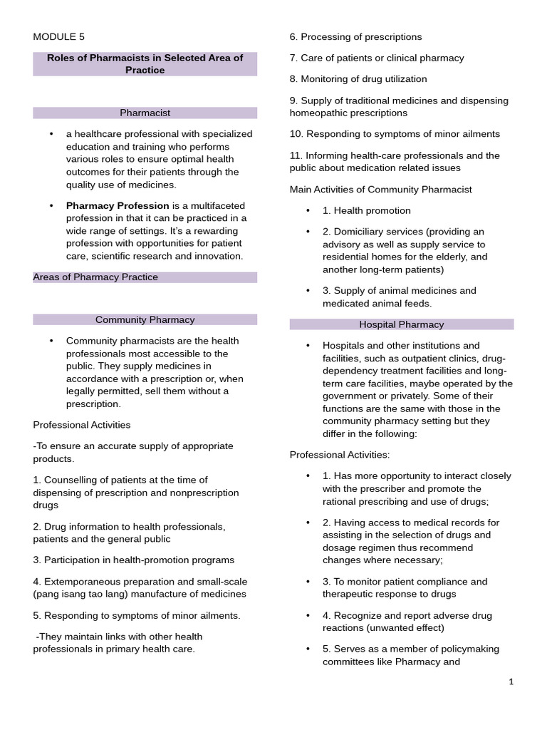 MODULE 5 Roles of Pharmacists in Selected Area of Practice | PDF | Pharmacy | Pharmacist