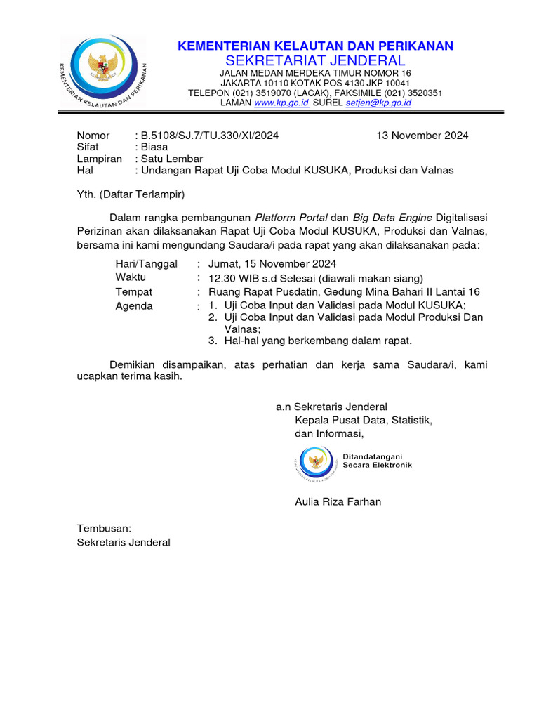 Signed Undangan Rapat Uji Coba Modul KUSUKA Produksi Dan Valnas 20241114060021 | PDF | Komputer